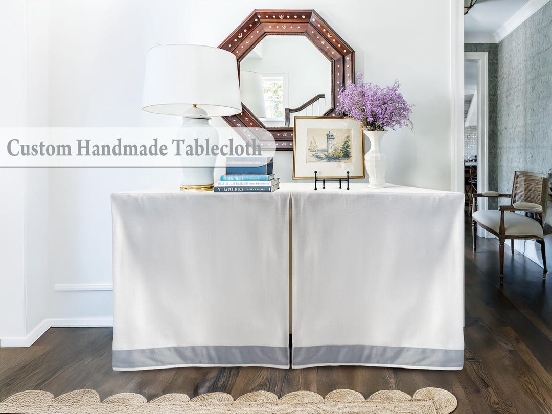 Handmade White Linen Table Skirt, Custom Table Cover With Grey Ribbon ...
