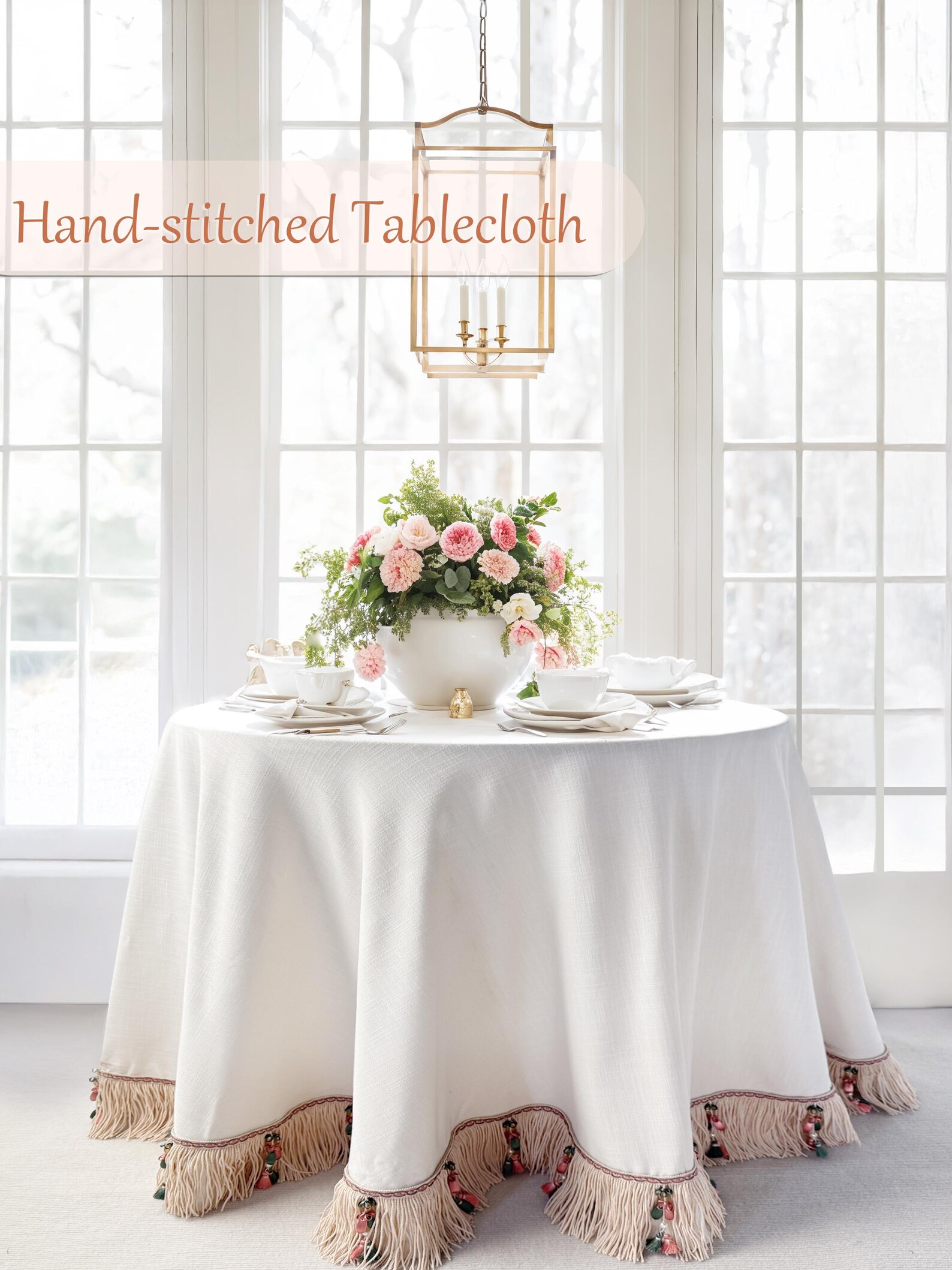 Cream White Linen Round Ruffled Table Skirt, Custom Size Table Cover ...