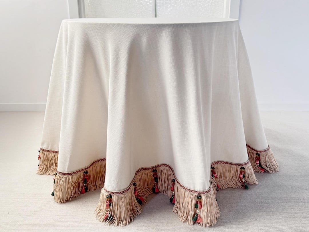 Cream White Linen Round Ruffled Table Skirt, Custom Size Table Cover ...