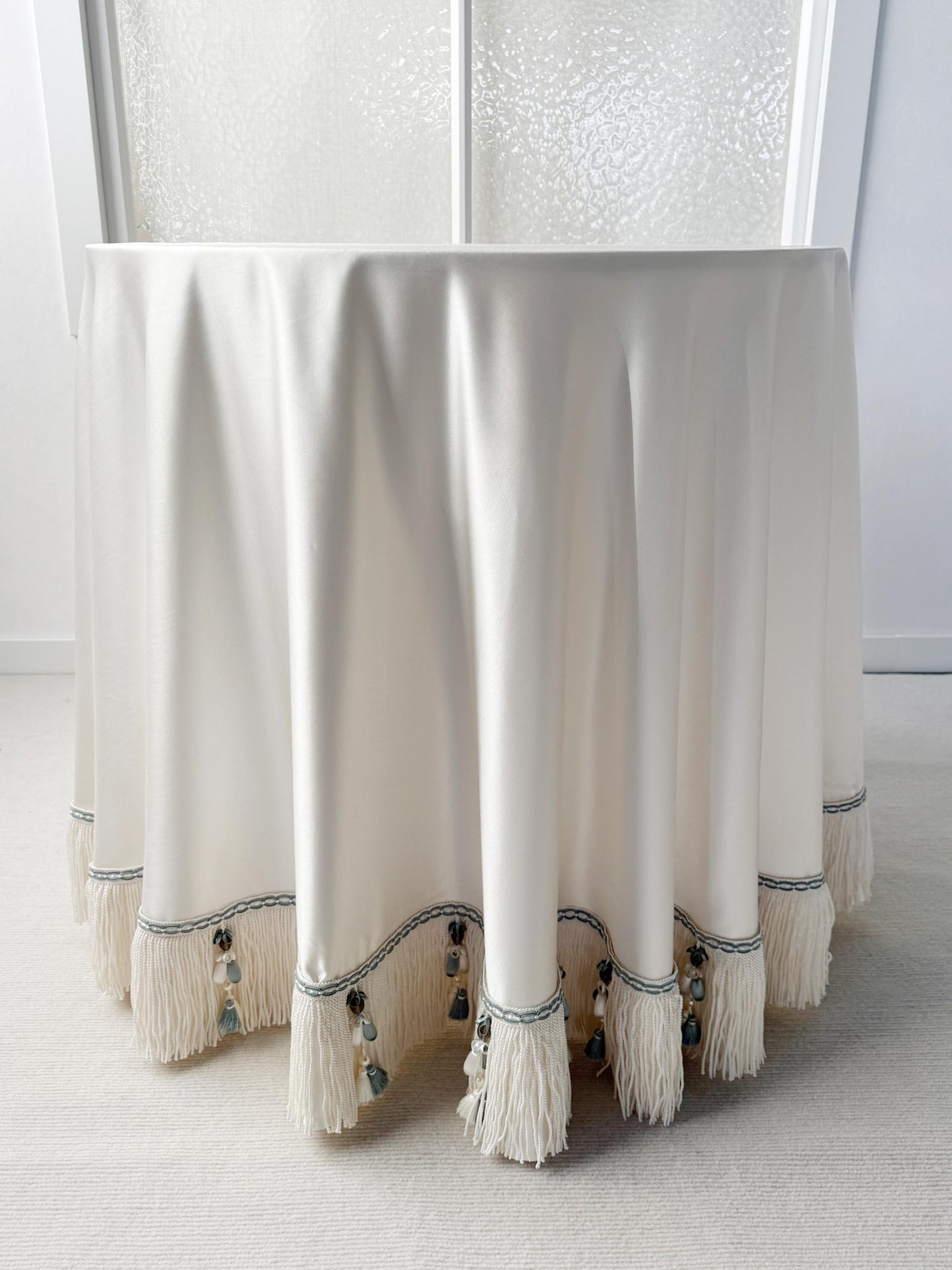 Faux Silk White Round Ruffled Table Skirt With Beige Tassel, Custom ...