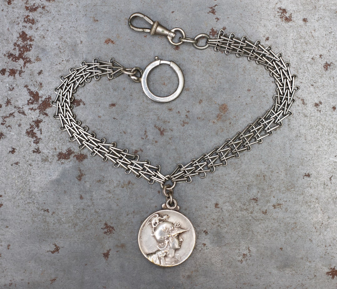 Antique Victorian Pocket Watch Chain With Athena Locket Fob Silver ...