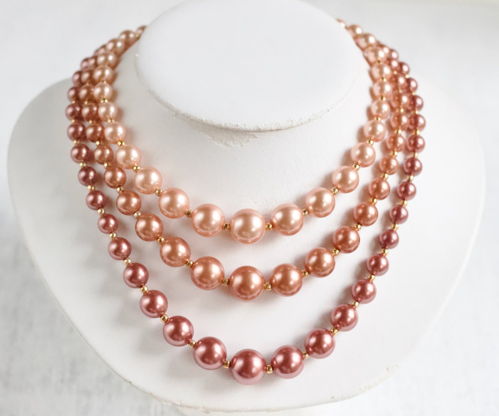 3 Strand Pearl Necklace in Peach to Brown Ombre - Vintage Cocktail ...