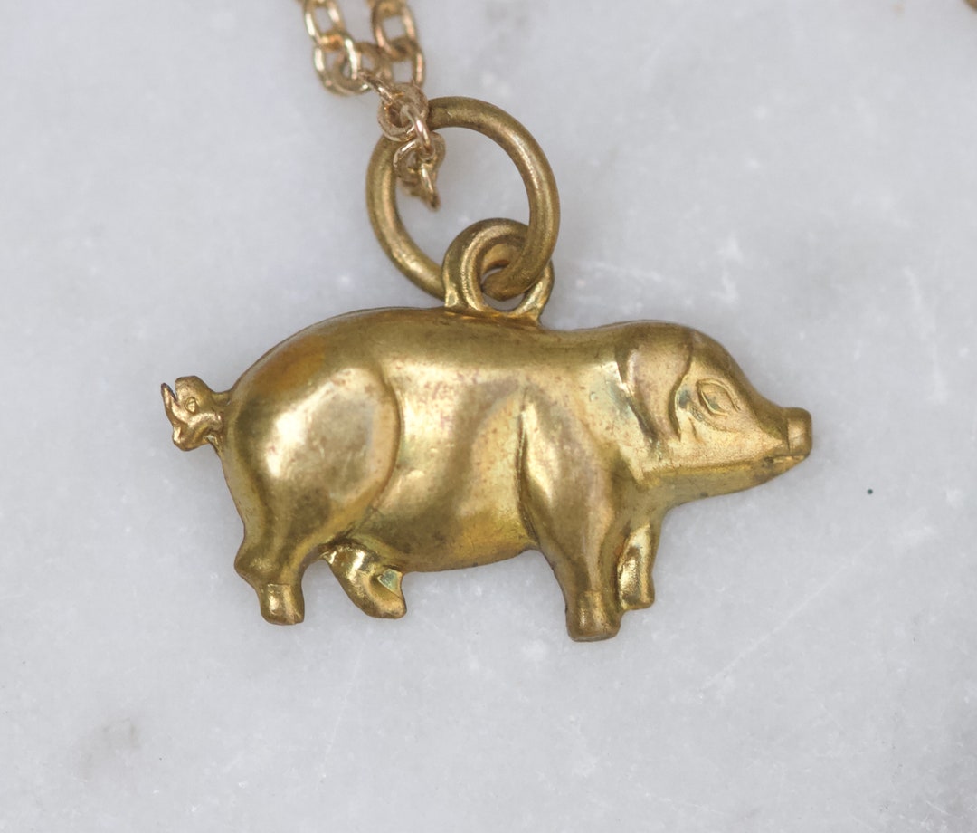 Tiny Pig Necklace Gold Tone Brass Piglet Charm Miniature Farm Animal ...