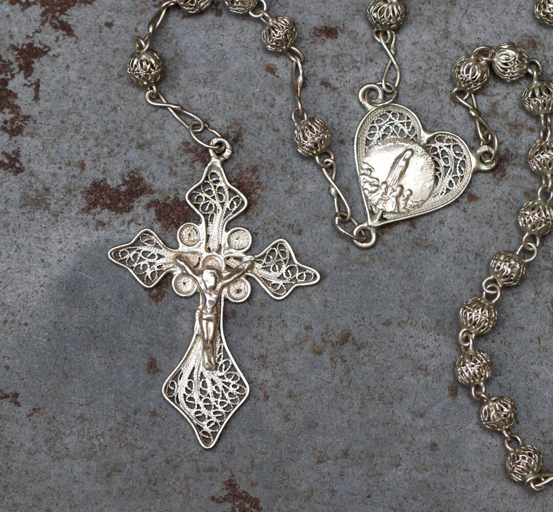 Vintage Filigree Rosary 800 Silver Cannetille Beads Antique Souvenir ...