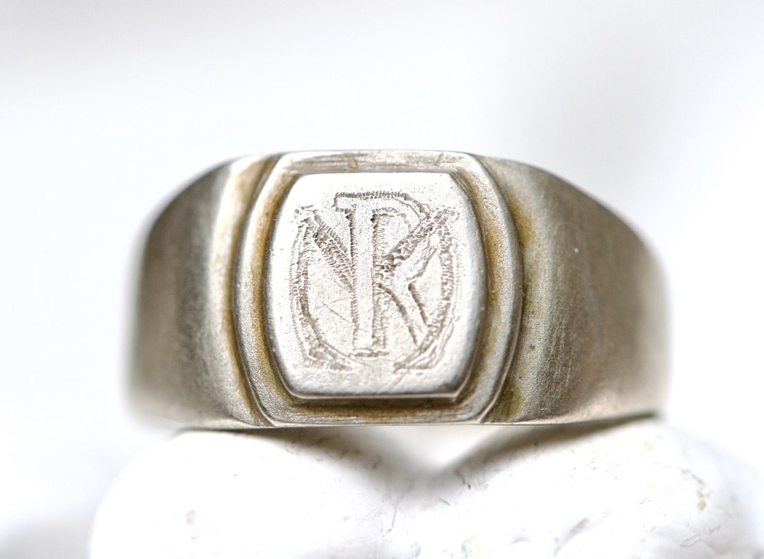 Initials MR Monogram Signet Ring Size S Antique Trench Art Silver Men's ...