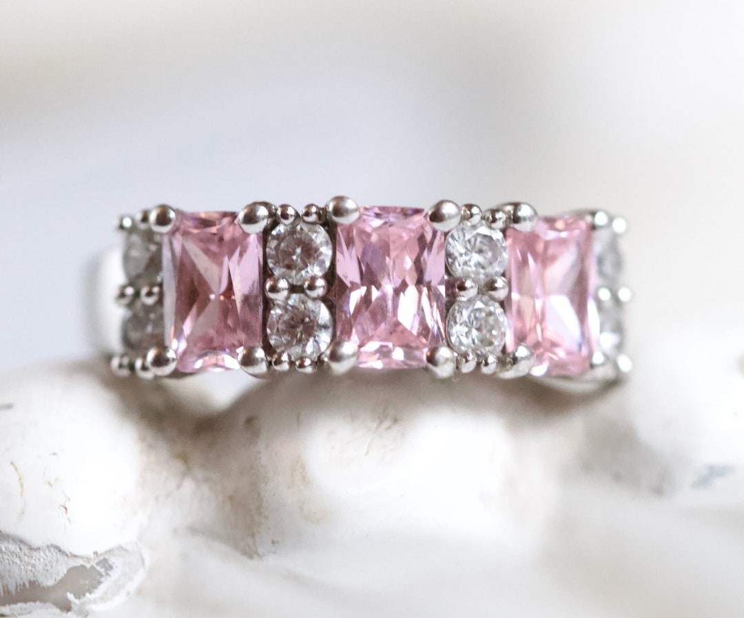 Pink Trinity Ring Size P - Sterling Silver and Cubic Zirconia 3 Stone ...