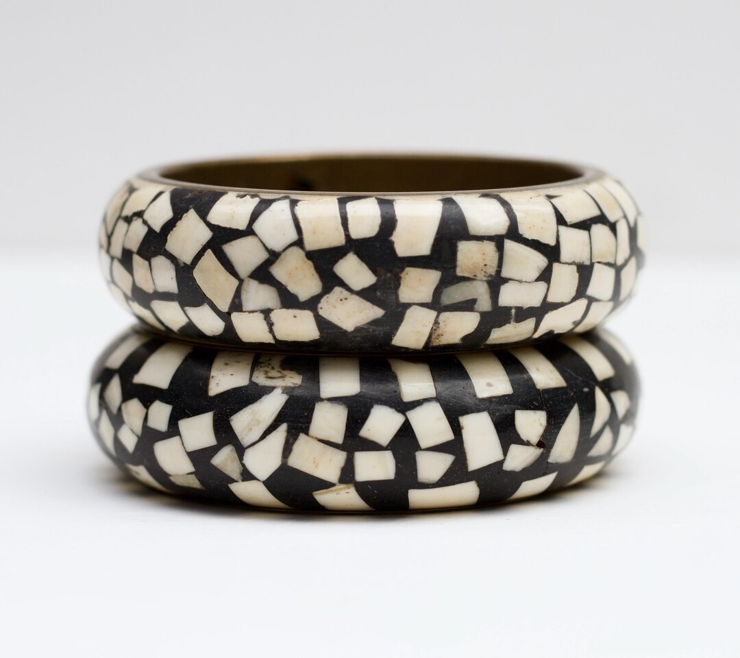 1970s Bone Mosaic Bangles Made in India - Pair of Black N White ...