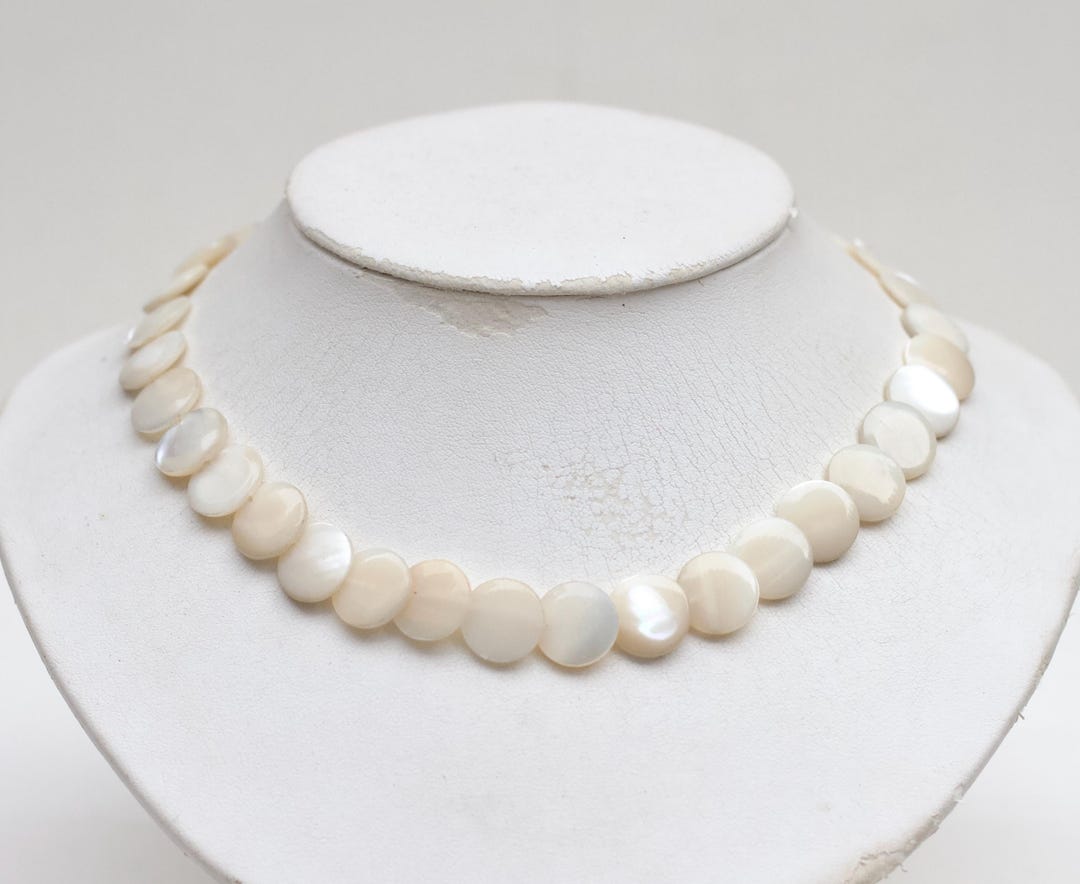Mother of Pearl Choker - Disc Shaped Beads Short Necklace - Hand Carved ...