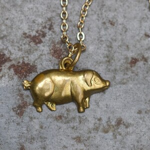 Tiny Pig Necklace Gold Tone Brass Piglet Charm Miniature Farm Animal ...