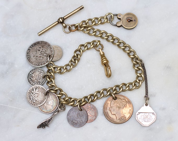Edwardian Pocket Watch Chain 11 Inch Antique Brass Chain With Charms ...