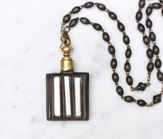 Poison Bottle Necklace - Art Deco Cow Horn Black Snuf… - Gem