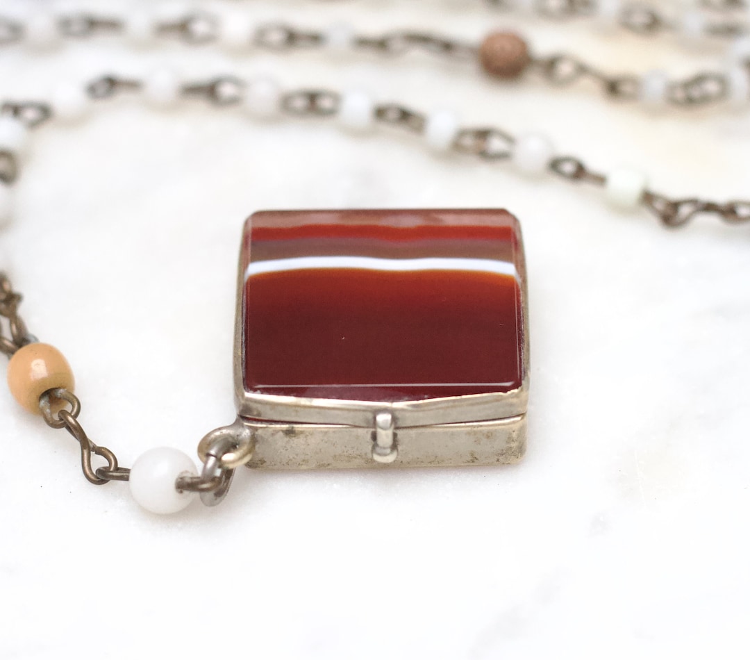 Banded Agate Pill Box Necklace Burgundy Keepsake Square Pendant on Long ...