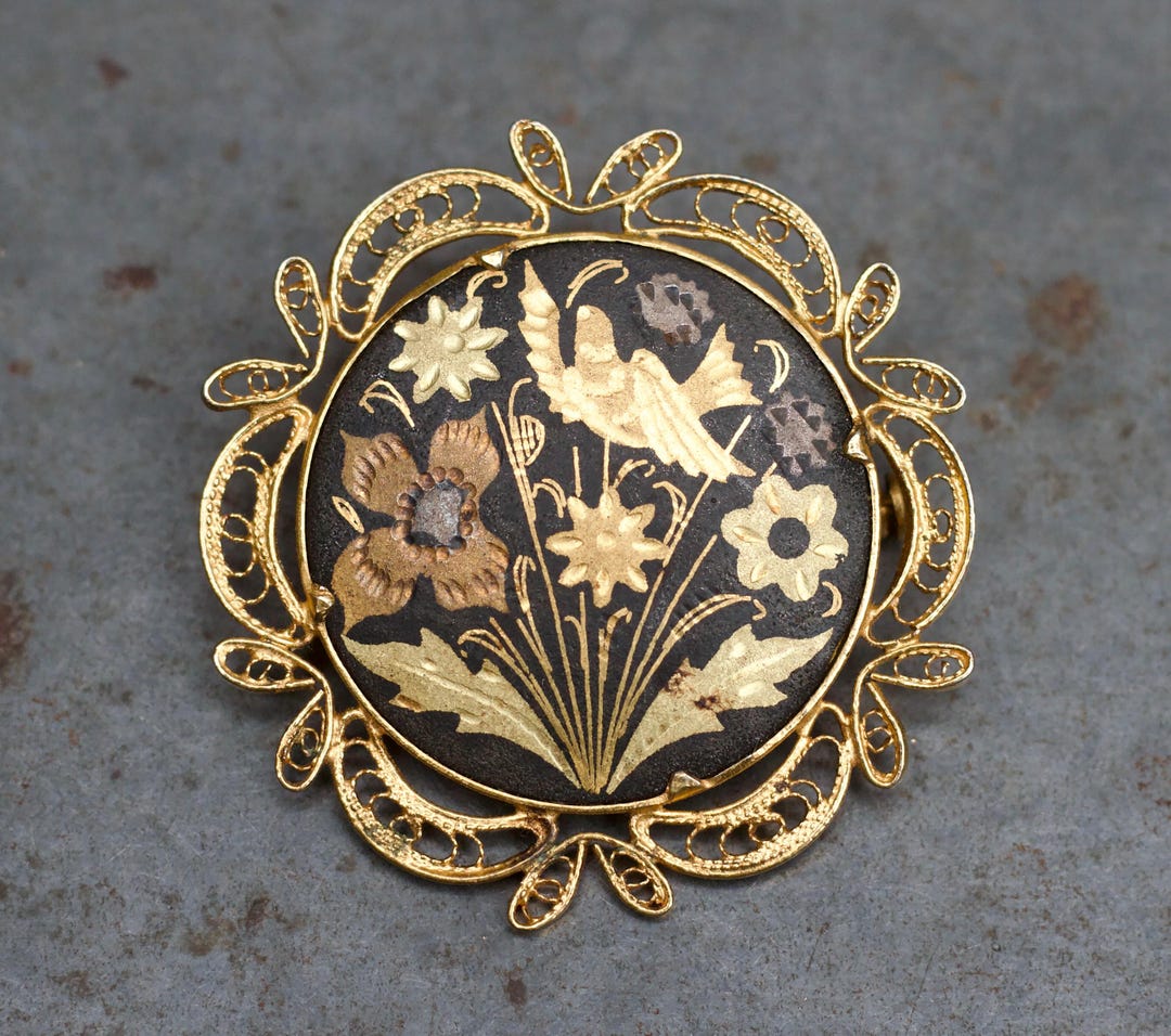 Spanish Damascene Bird Brooch - Art Deco Round Lapel Pin With Filigree ...