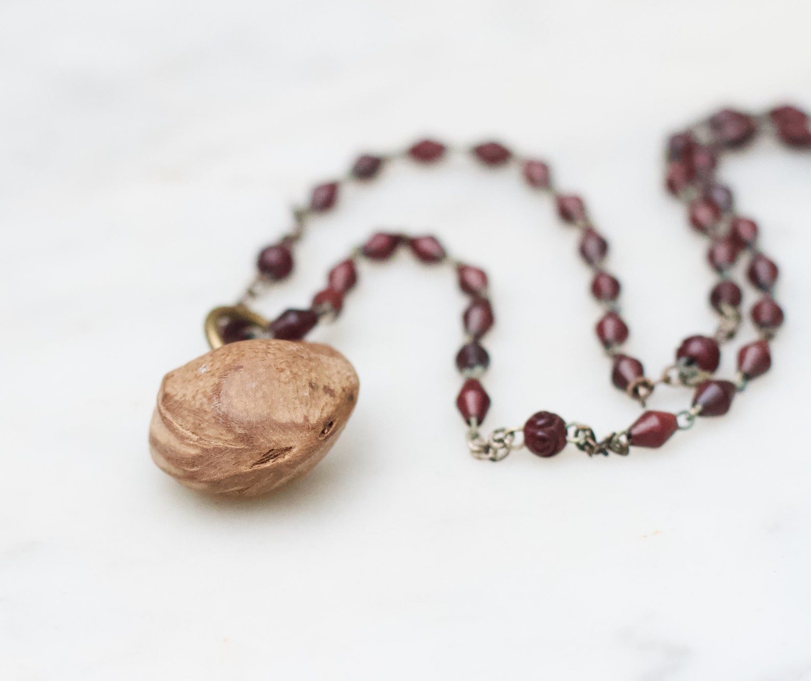 Miniature Basket Necklace – Carved Fruit Pit Pendant, Burgundy Rosary ...