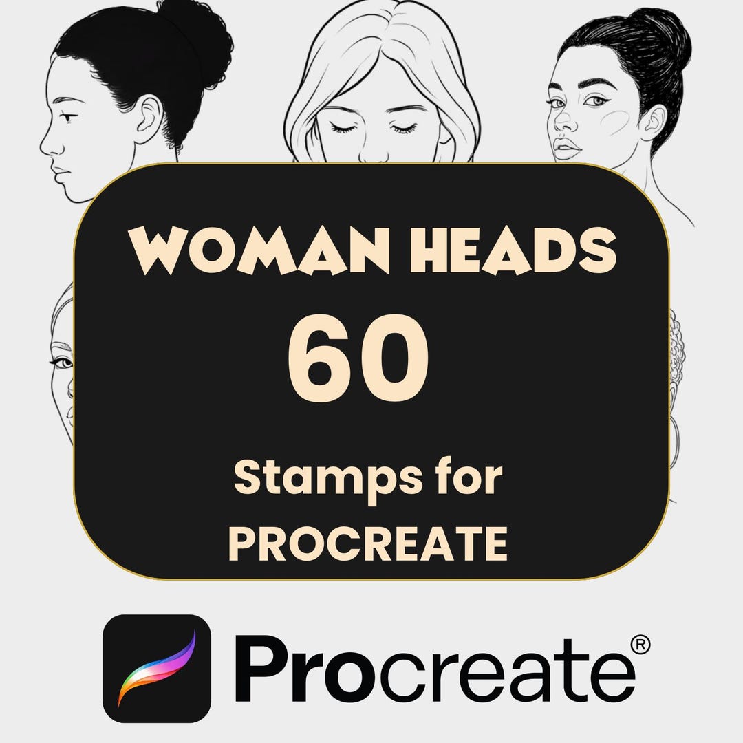 60 Procreate Woman Heads & Faces Stamps: Female Portrait Brush Set ...