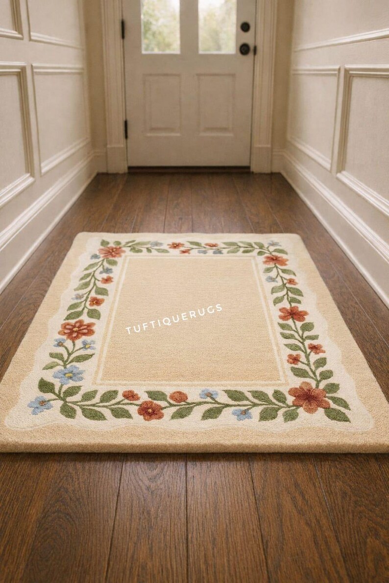 Hand Tufted Floral Border Rug, Vintage Botanical Wool Area , Elegant ...