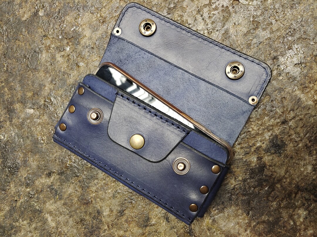 Dark Blue Cowhide Wallet for All Cell Phone Thick Genuine Leather Cell ...