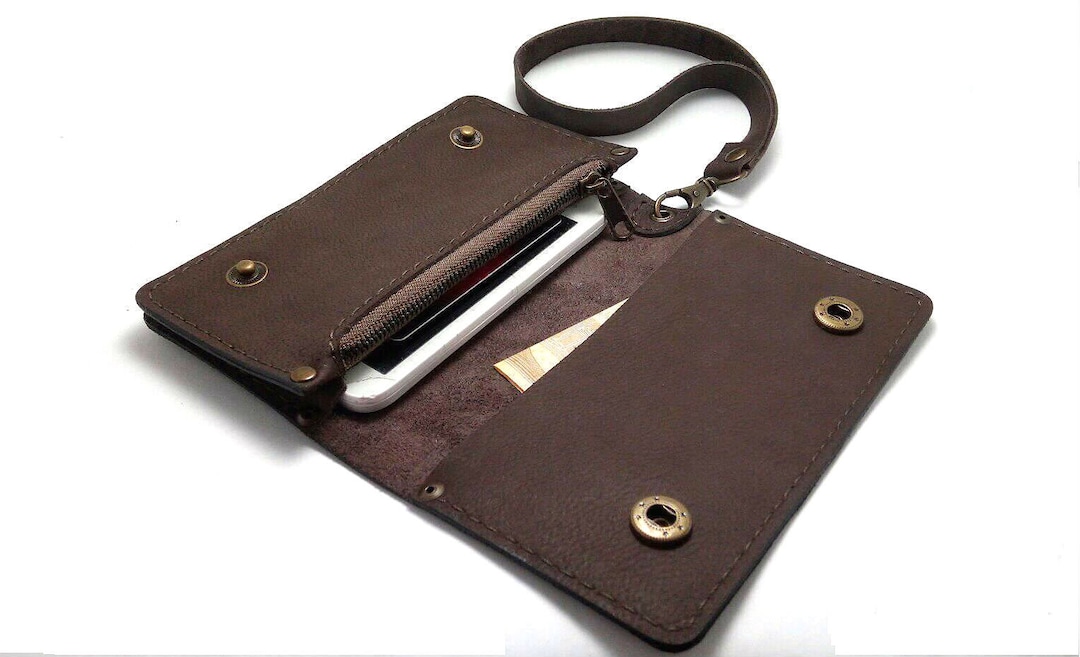 Handmade Dark Brown Genuine Leather Wallet to Fit All Phone Models Cell ...