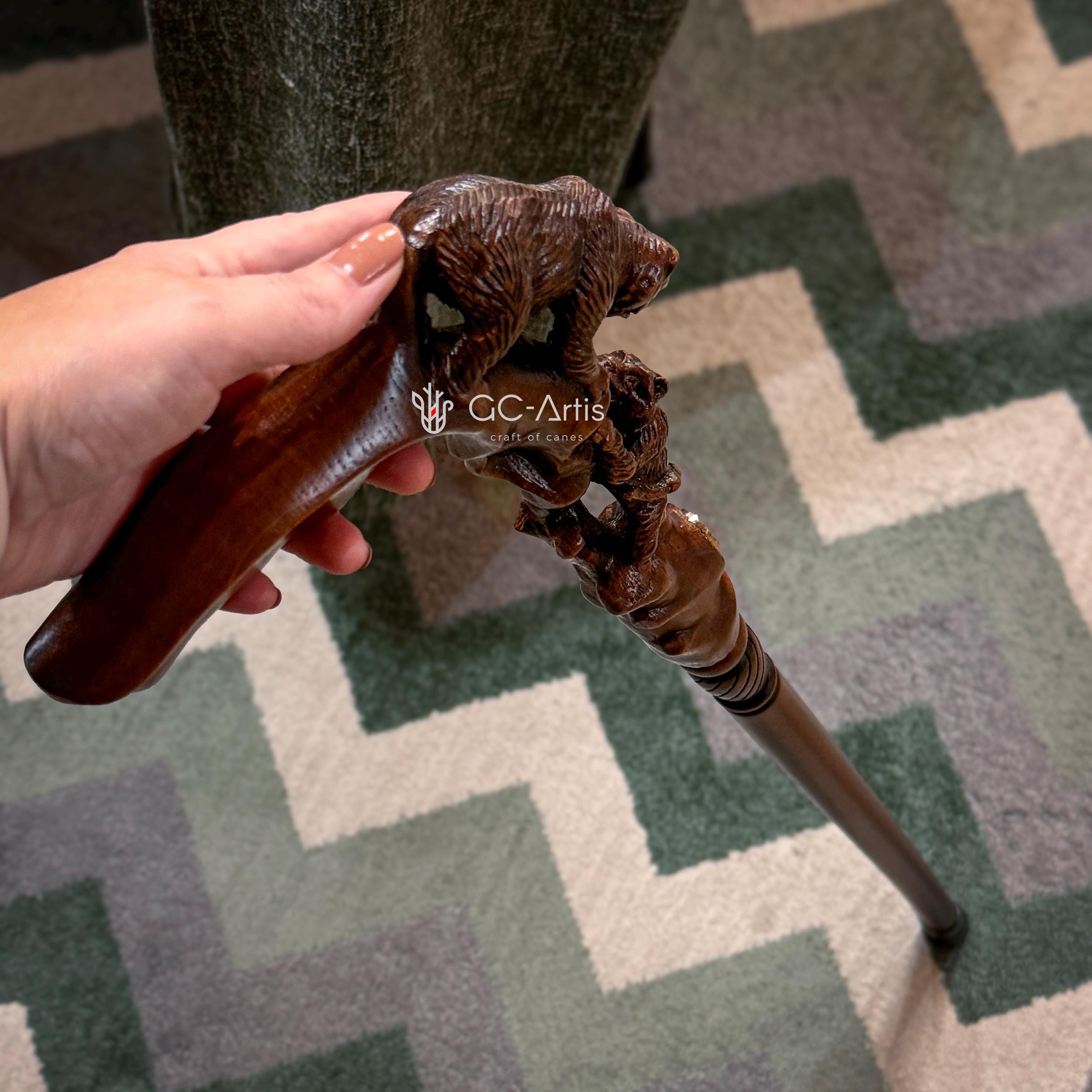 Hand Carved Mother Bear Walking Cane - Dark Wood Hiking Stick - Etsy