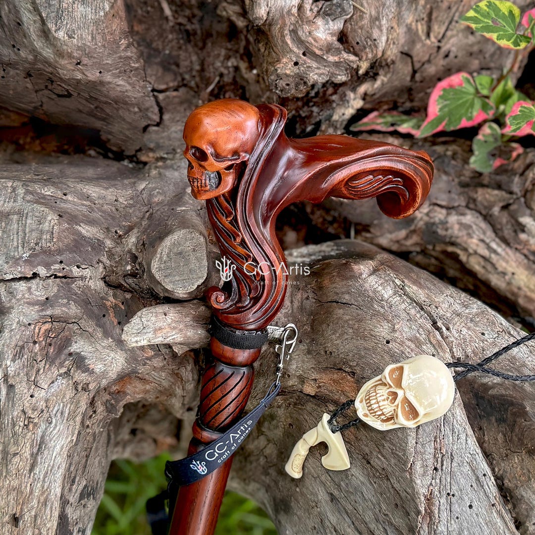 Skull Wooden Walking Cane - Ergonomic Palm Grip Handle Wood Carved ...