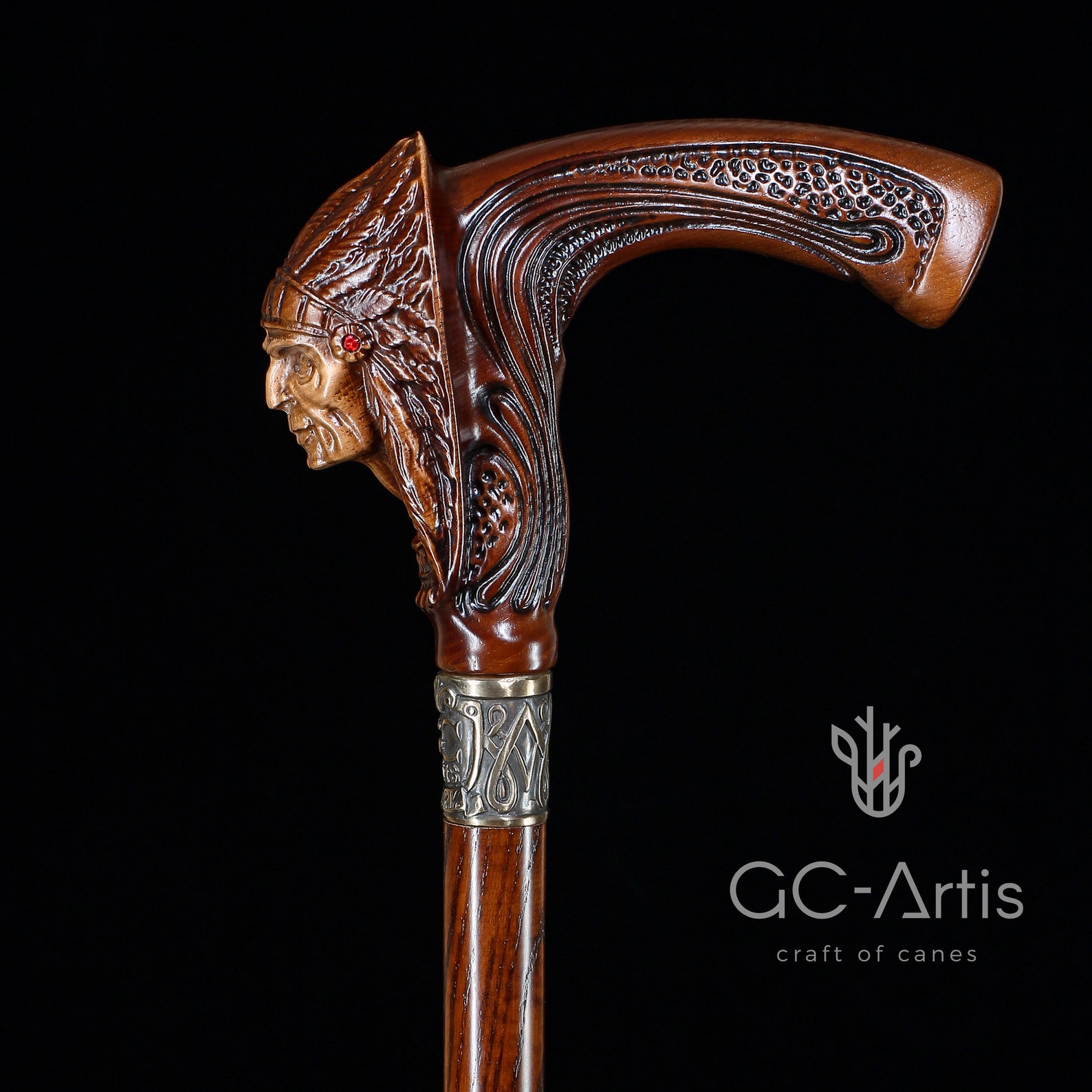 Indian Chief Wooden Walking Stick Cane Designers Wood Carved - Etsy