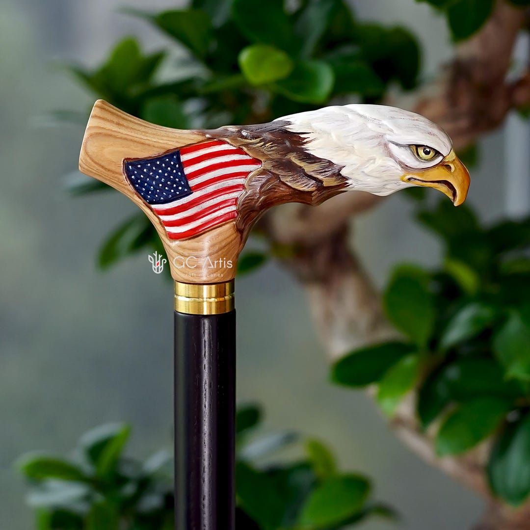 Wooden Walking Stick Cane With Bald Eagle - US Patriots, Veteran ...