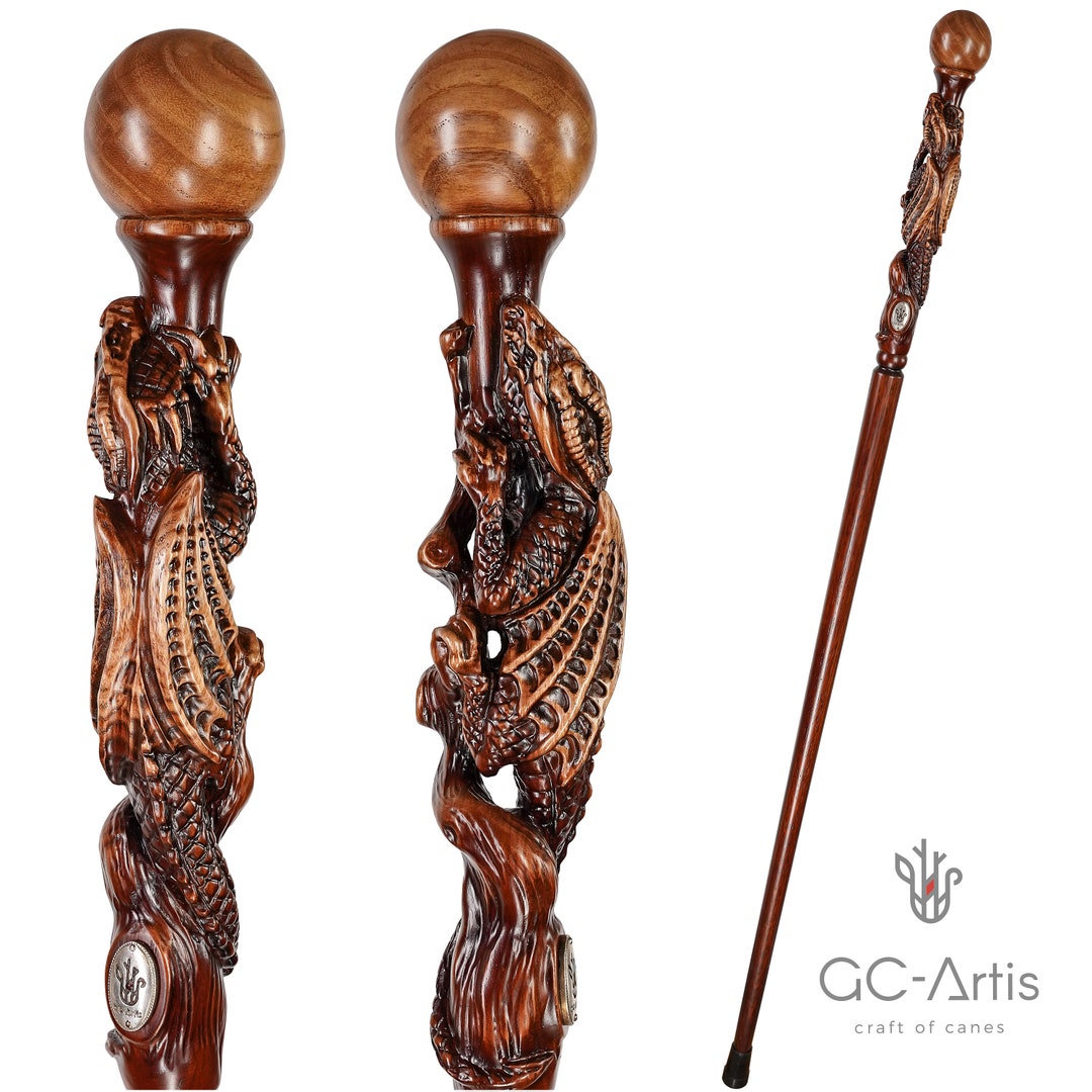 Hand Carved Dragon Walking Stick: Wooden Knob Handle Cane, Trekking ...