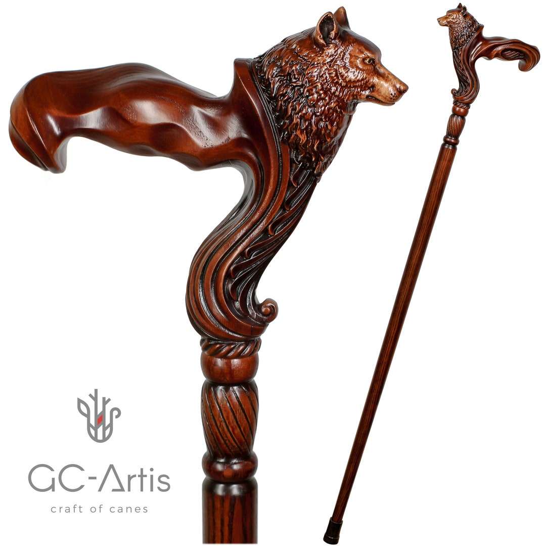 Wolf Cane Wooden Walking Stick Ergonomic Palm Grip Handle, Wood Carved ...