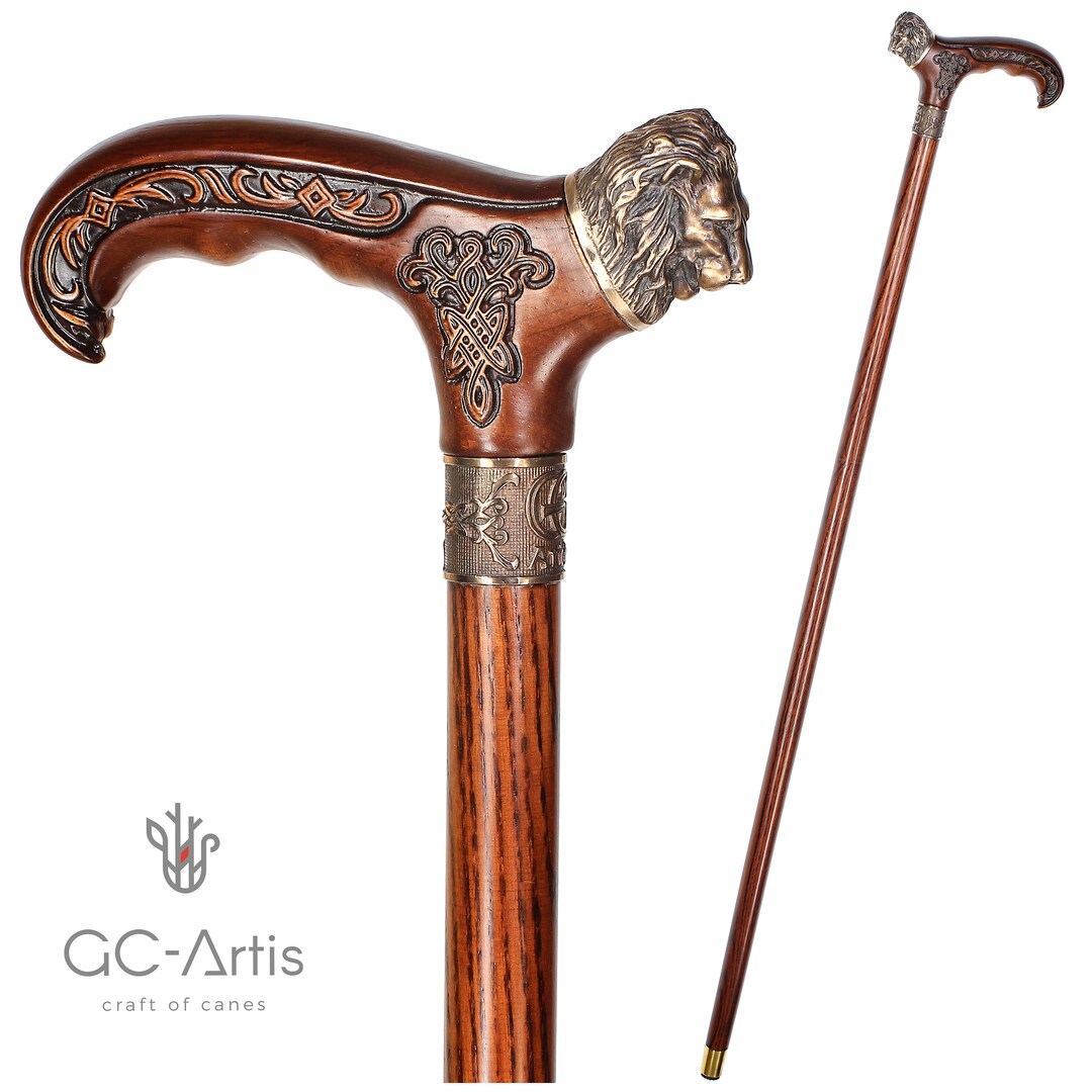 Lion Head Cane Walking Stick Bronze & Wooden Elegant Brass Walking ...