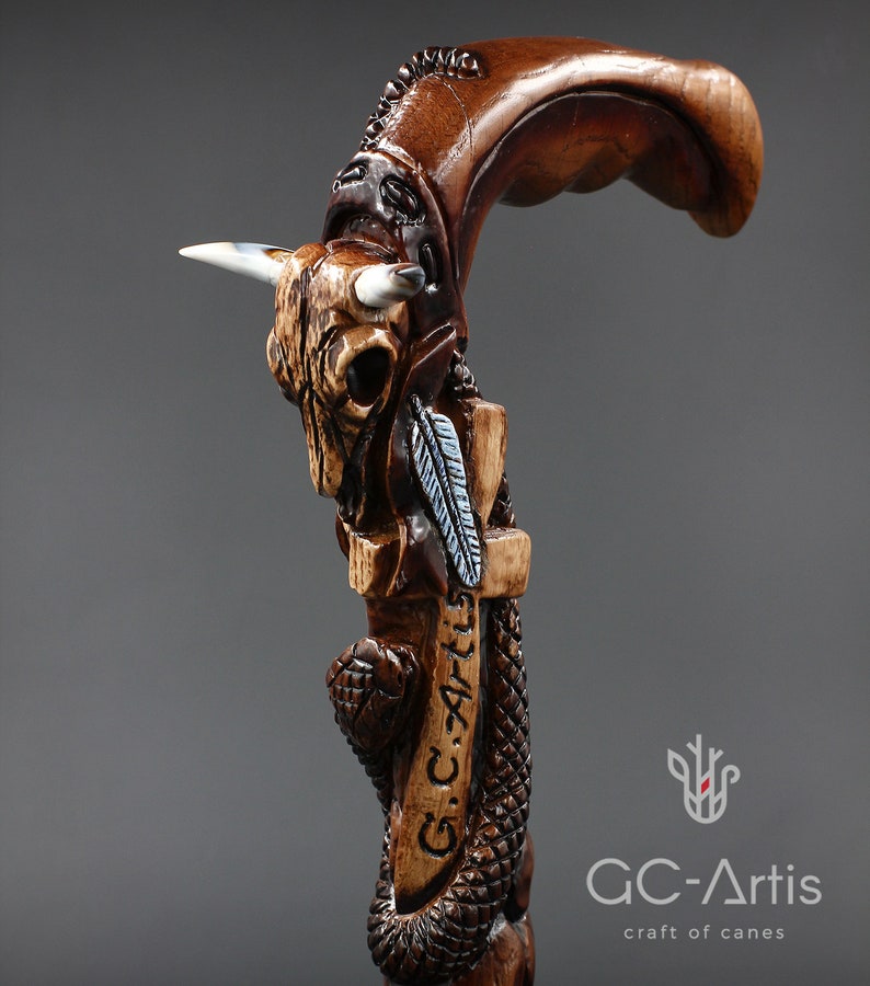 Buffalo Skull & Snake Dark Wooden Cane Walking Stick Wood - Etsy