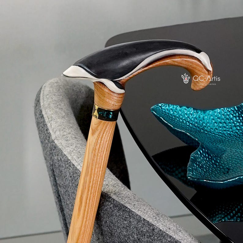Wooden Cane Walking Stick Whale Dolphin Fish - Wood Carved Cane, Cool ...