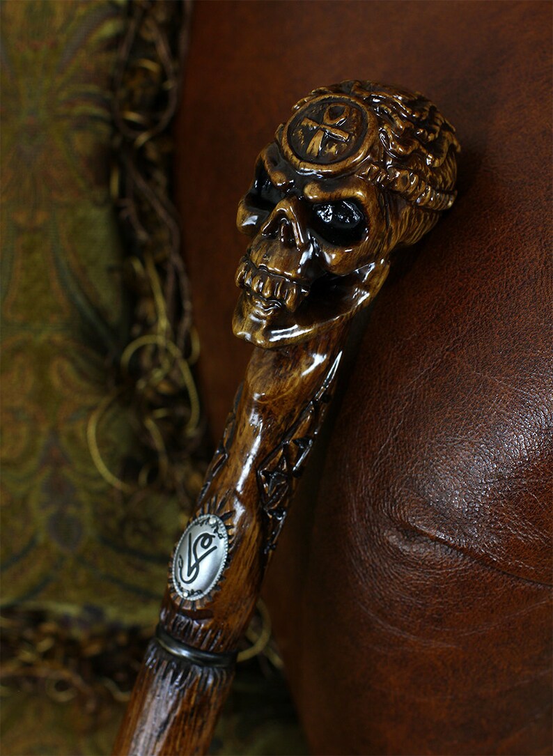EGYPTIAN SKULL Wooden Walking Stick Cane Ankh Cross Walking | Etsy