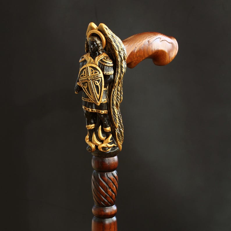 Hand Painted Wood Carved Walking Cane - Saint Michael, Archangel ...
