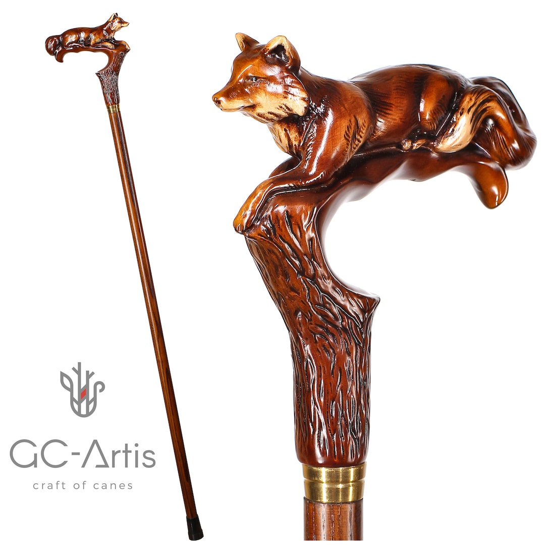 Elegant Fox Wooden Walking Cane: Hand Carved Stylish Stick - Etsy