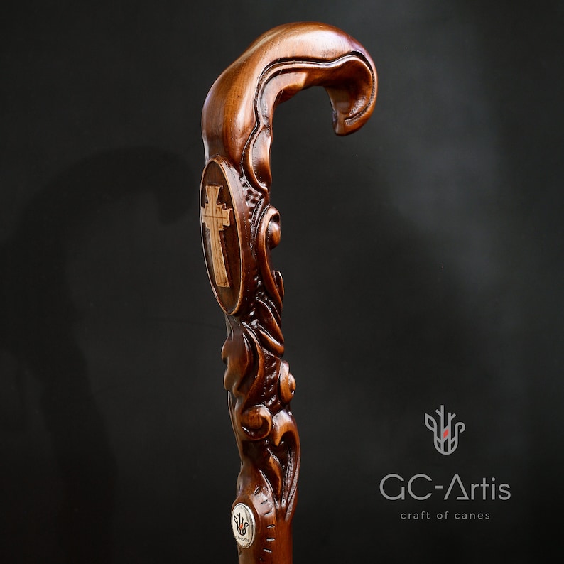 Christian Cross Wooden Walking Stick Cane - Wood Carved Crafted Crook ...