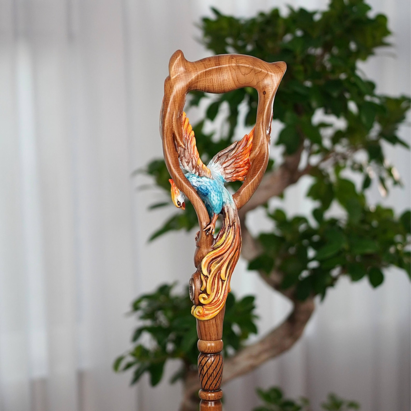 Fiery Phoenix Bird Walking Stick Cane - Handcarved & Handpainted Wooden ...