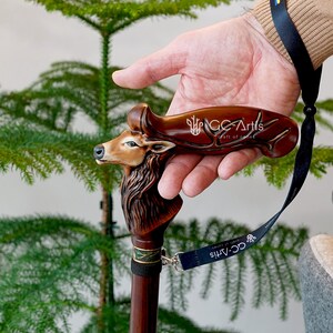 Wood Carved Deer Walking Cane: Hand Painted Crafted Walking Stick With ...