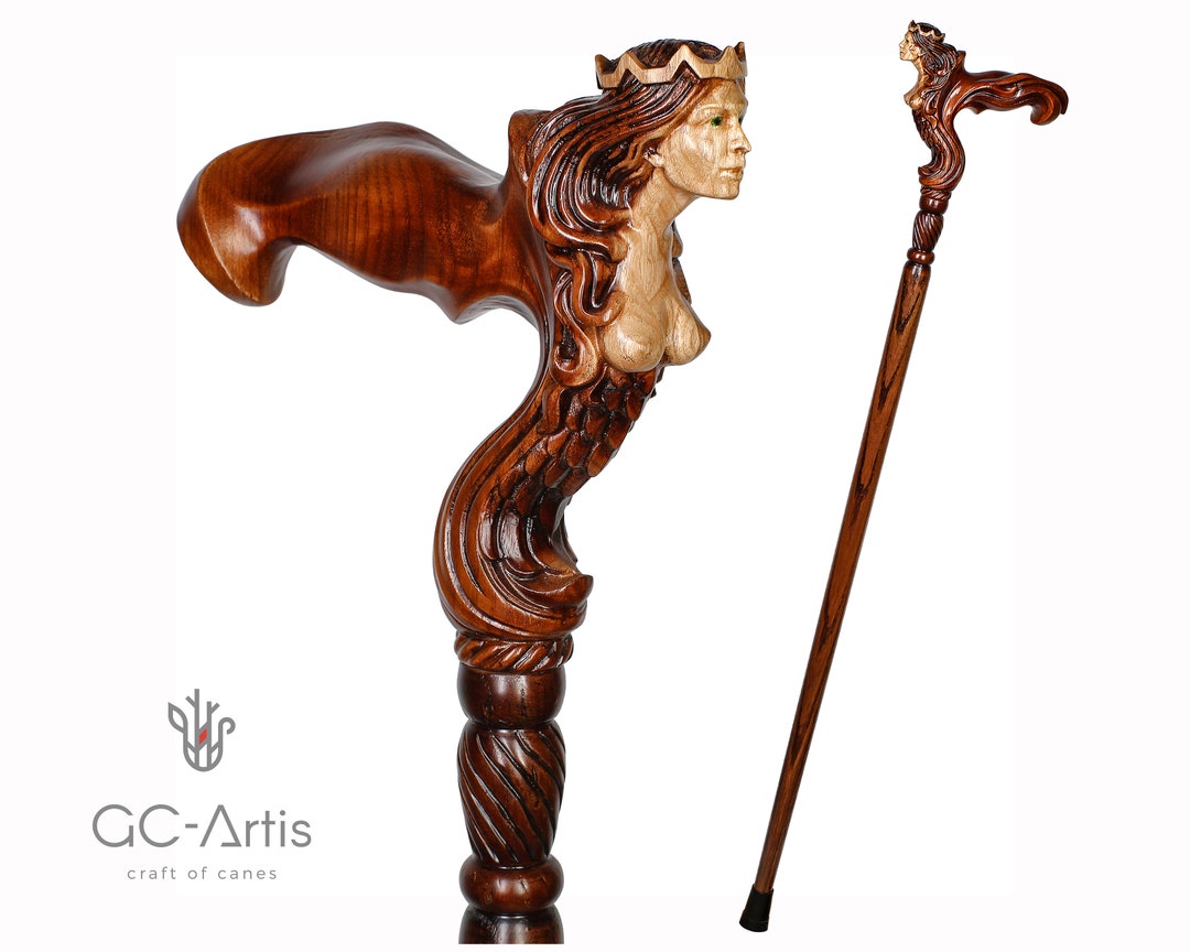 Wooden Walking Cane Fantasy Syren Ergonomic Palm Grip Handle - Etsy