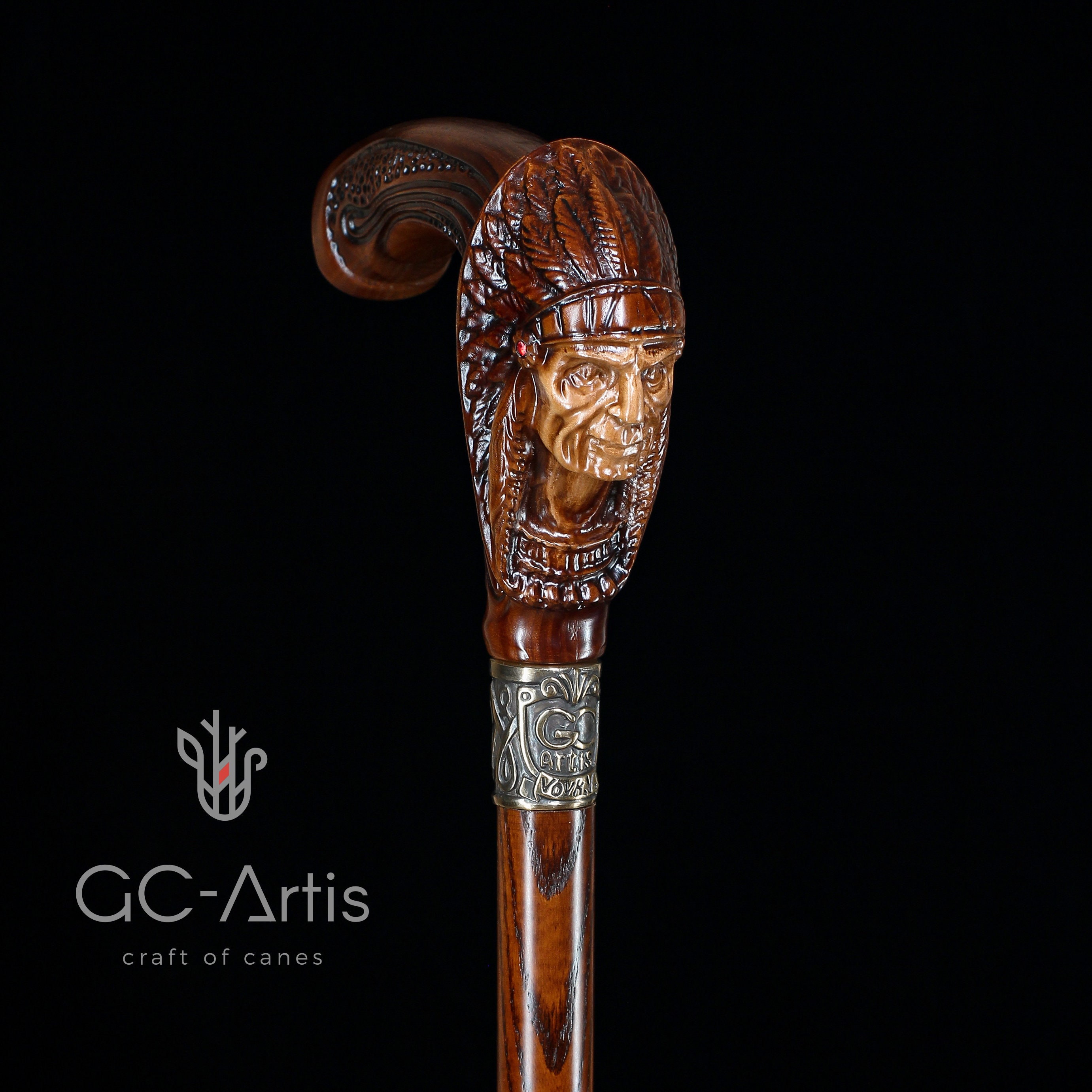 Indian Chief Wooden Walking Stick Cane - Designers Wood Carved Handle ...