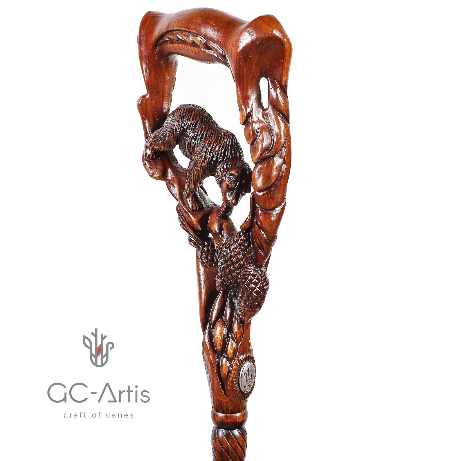 Bear Cane Wooden Walking Stick - Grizzly & Salmon Dark Wood Hiking ...