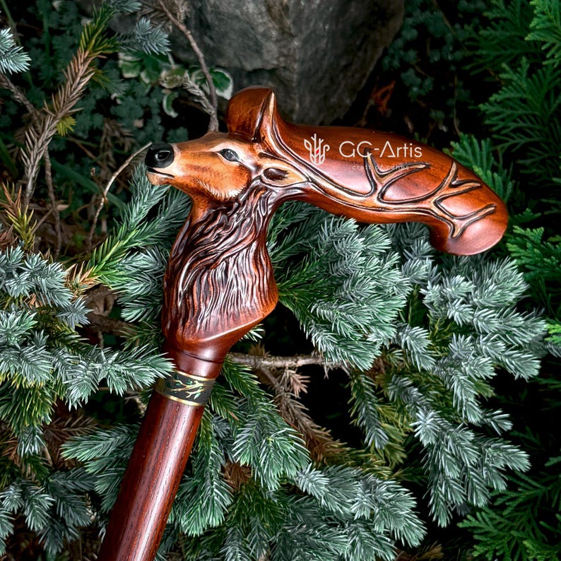 Wood Carved Deer Walking Cane: Hand Painted Crafted Walking Stick With ...