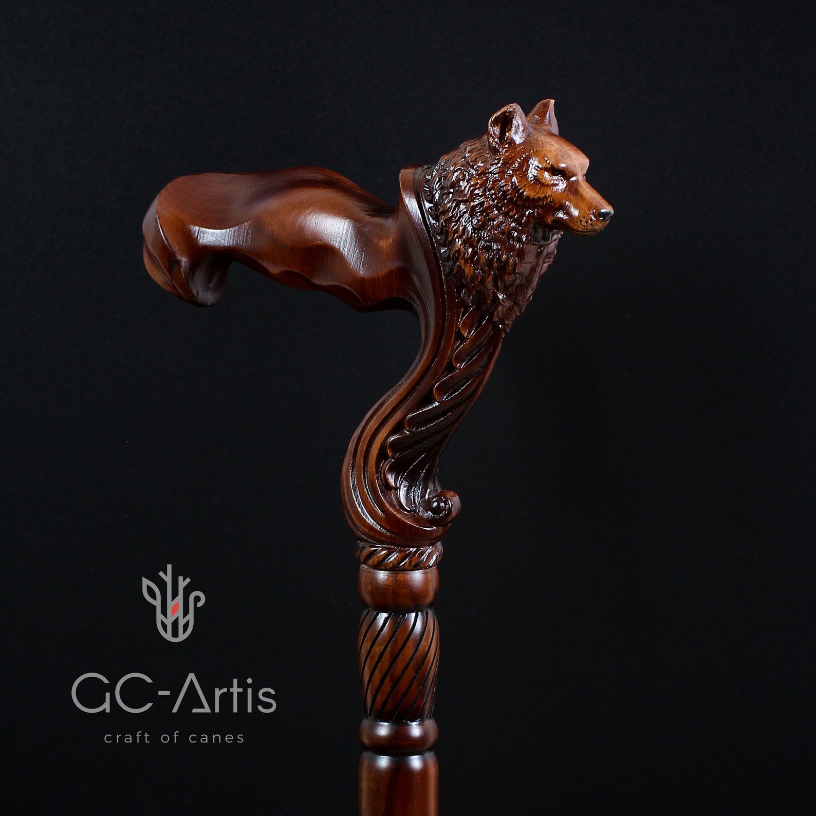 Wolf Cane wooden walking stick ergonomic palm grip handle - Etsy France