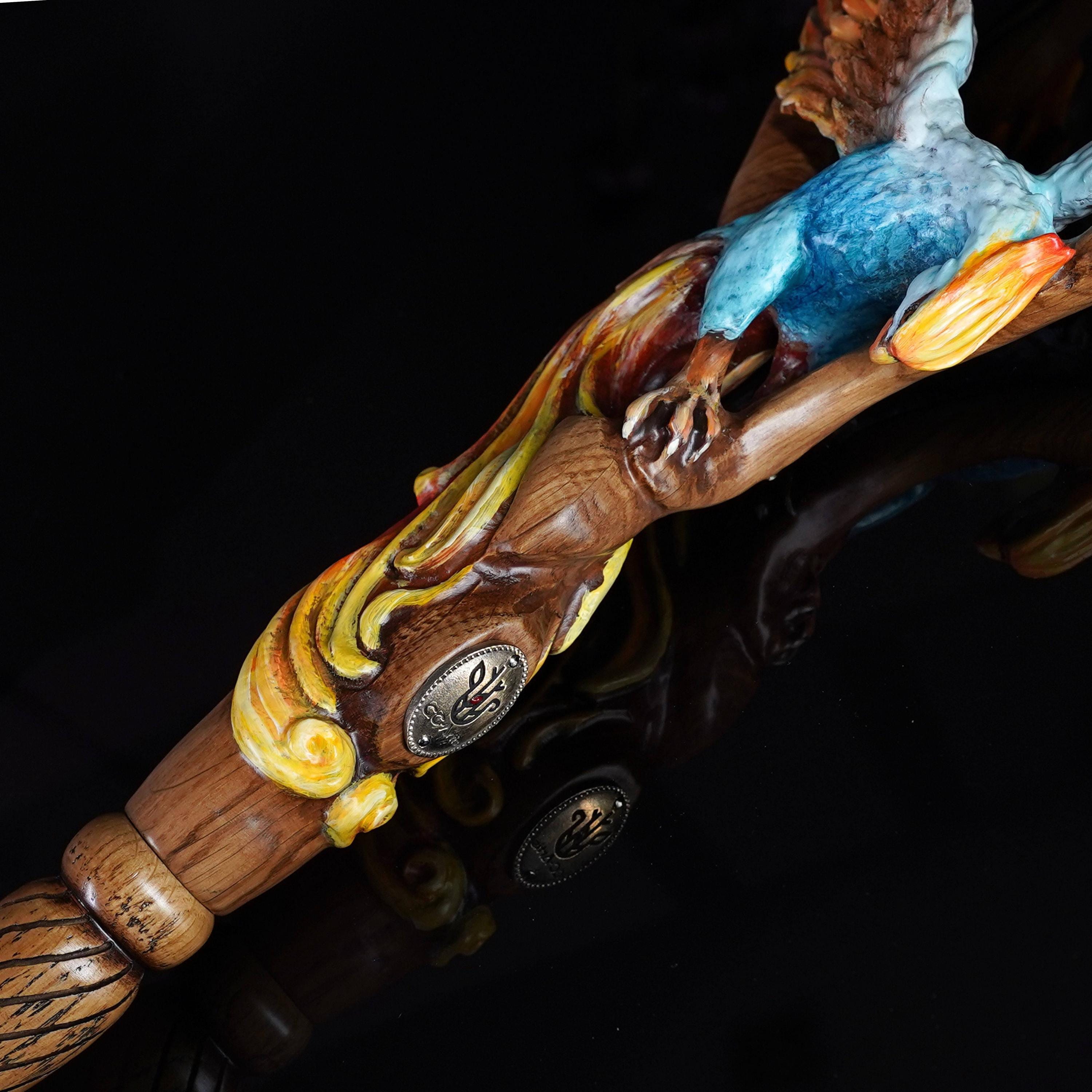 Fiery Phoenix Bird Walking Stick Cane - Handcarved & Handpainted Wooden ...