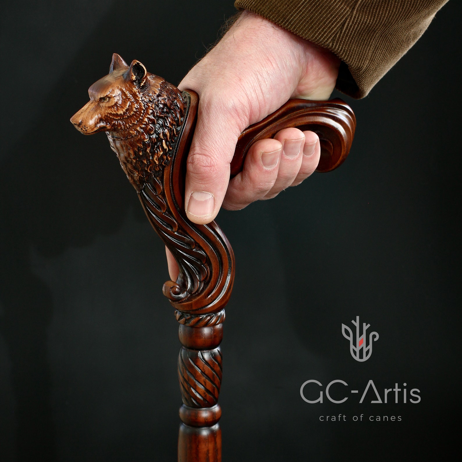 Wolf Cane wooden walking stick ergonomic palm grip handle - Etsy France