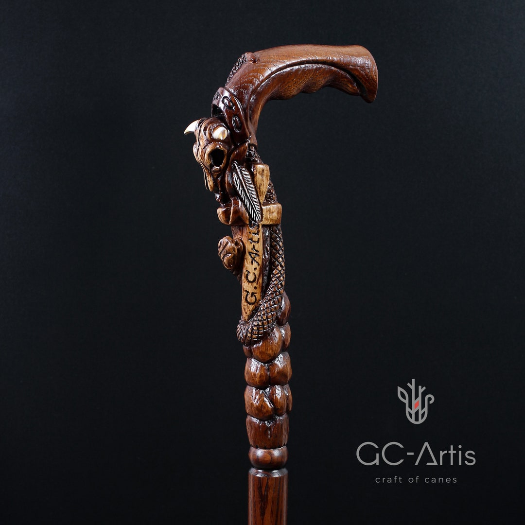 Buffalo Skull & Snake Dark Wooden Cane Walking Stick Wood Crafted Hand ...