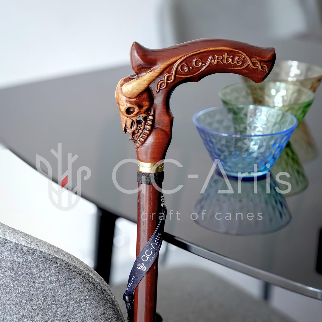 Designer Wooden Walking Cane Bison Skull Western Style Wood Carved ...