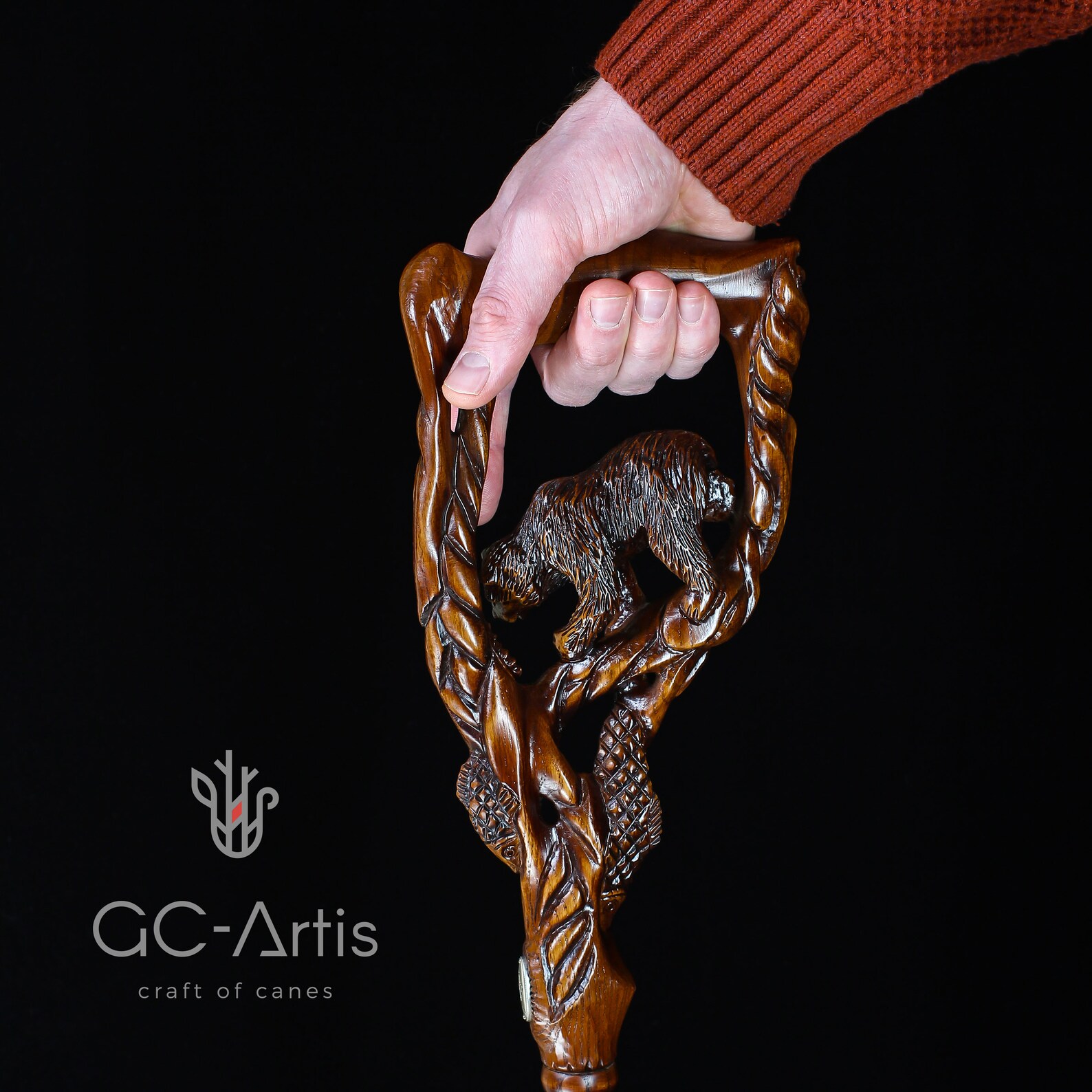 Bear Cane Wooden Walking Stick - Grizzly & Salmon Dark Wood Hiking ...