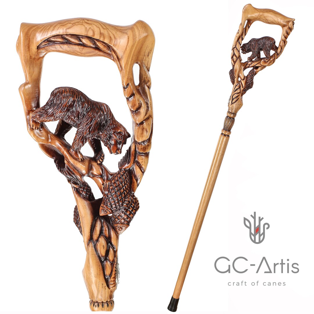 Light Wooden Cane Walking Stick Bear Fishing Salmon Hand Carved Crafted ...