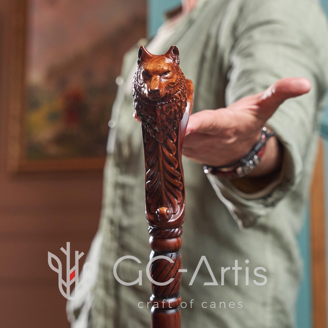 Wolf Cane Wooden Walking Stick Ergonomic Palm Grip Handle, Wood Carved ...