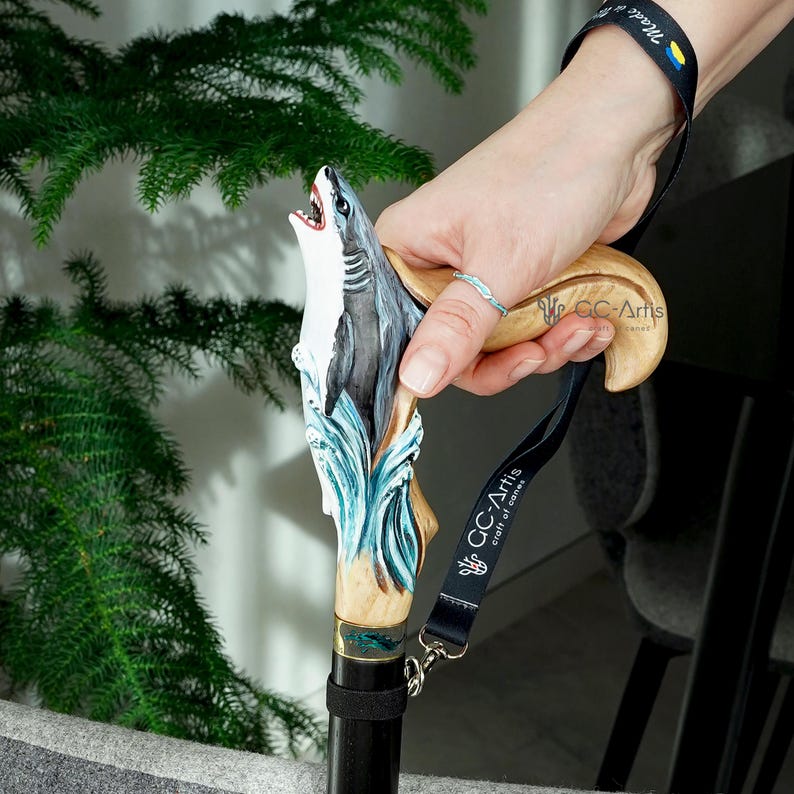 Wooden Cane Walking Stick Shark - Solid Wood Carved Fish Cane ...